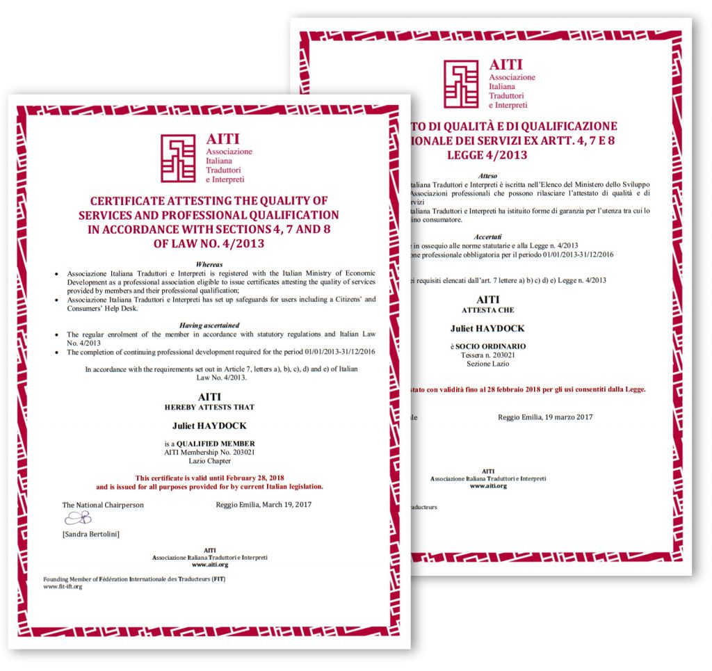 AITI certificates | Juliet Haydock Translations